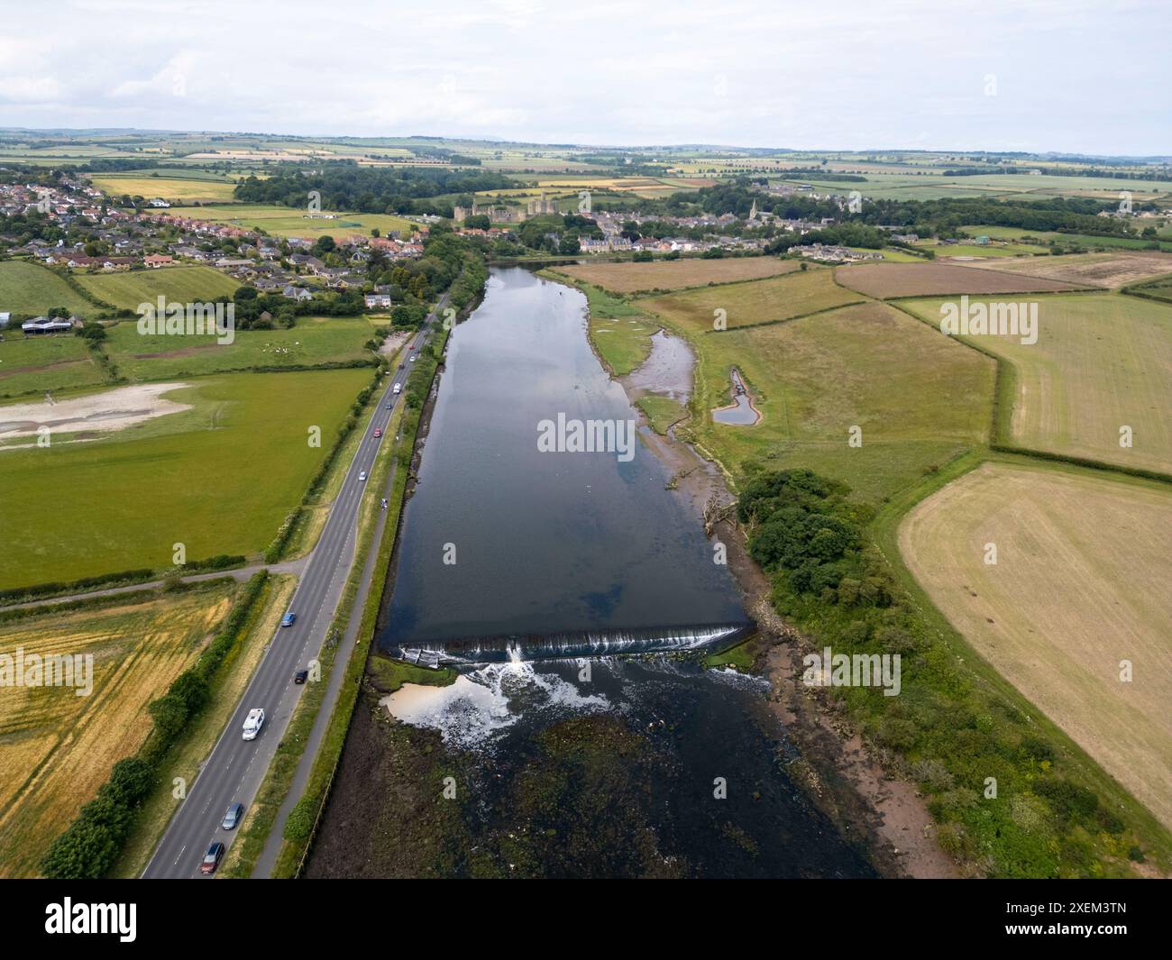 Aerial view of the river Coquet at Amble and Warkworth Castle in the ...