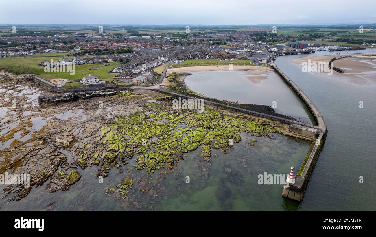 Aerial view of river Coquet estuary, Amble, Northumberland, England ...