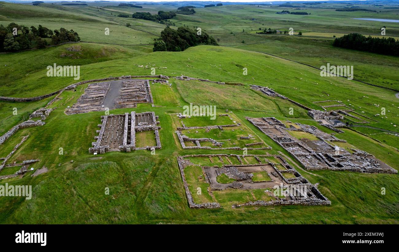 Aerial view of Hadrian's Wall and Housesteads Fort, Northumberland ...