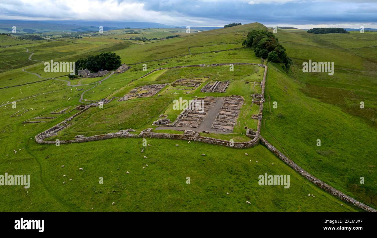Aerial view of Hadrian's Wall and Housesteads Fort, Northumberland ...