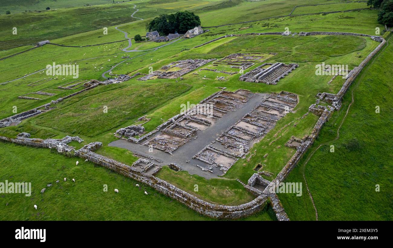 Aerial view of Hadrian's Wall and Housesteads Fort, Northumberland ...