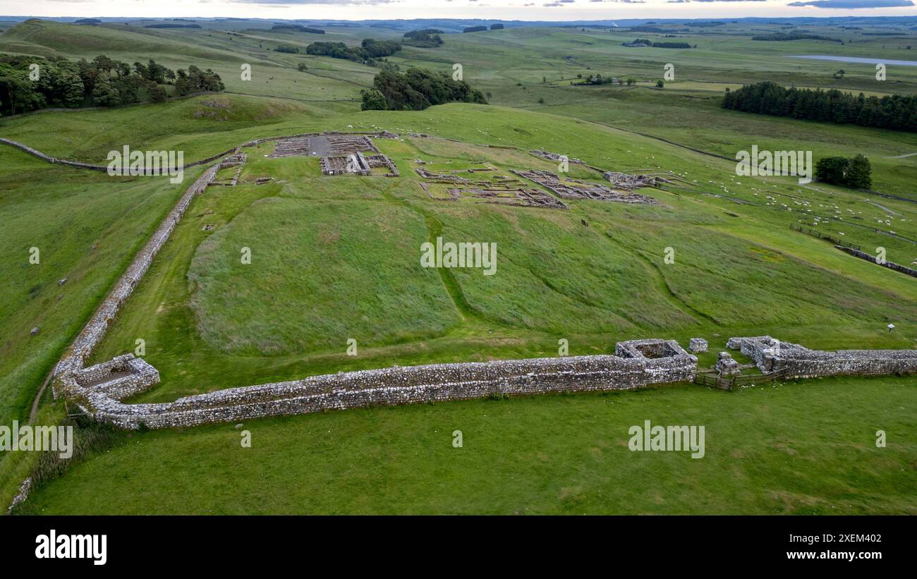 Aerial view of Hadrian's Wall and Housesteads Fort, Northumberland ...