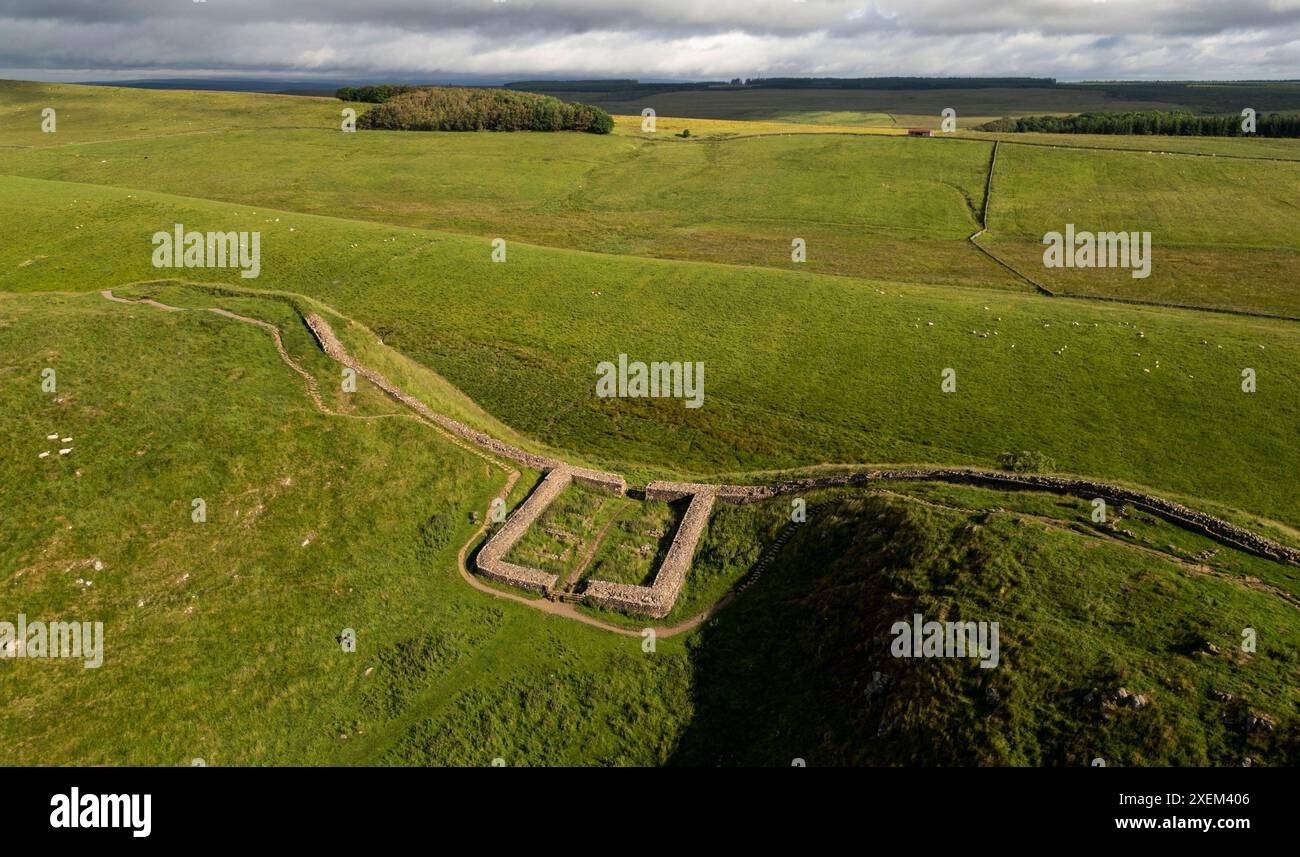 Aerial view of Milecastle 39 - Hadrian's Wall, Northumberland, England ...