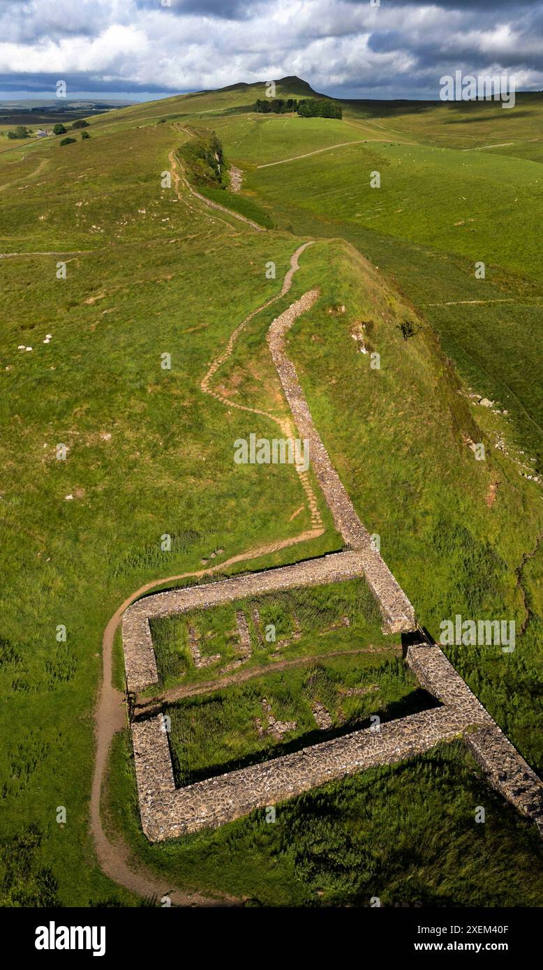 Aerial view of Milecastle 39 - Hadrian's Wall, Northumberland, England ...