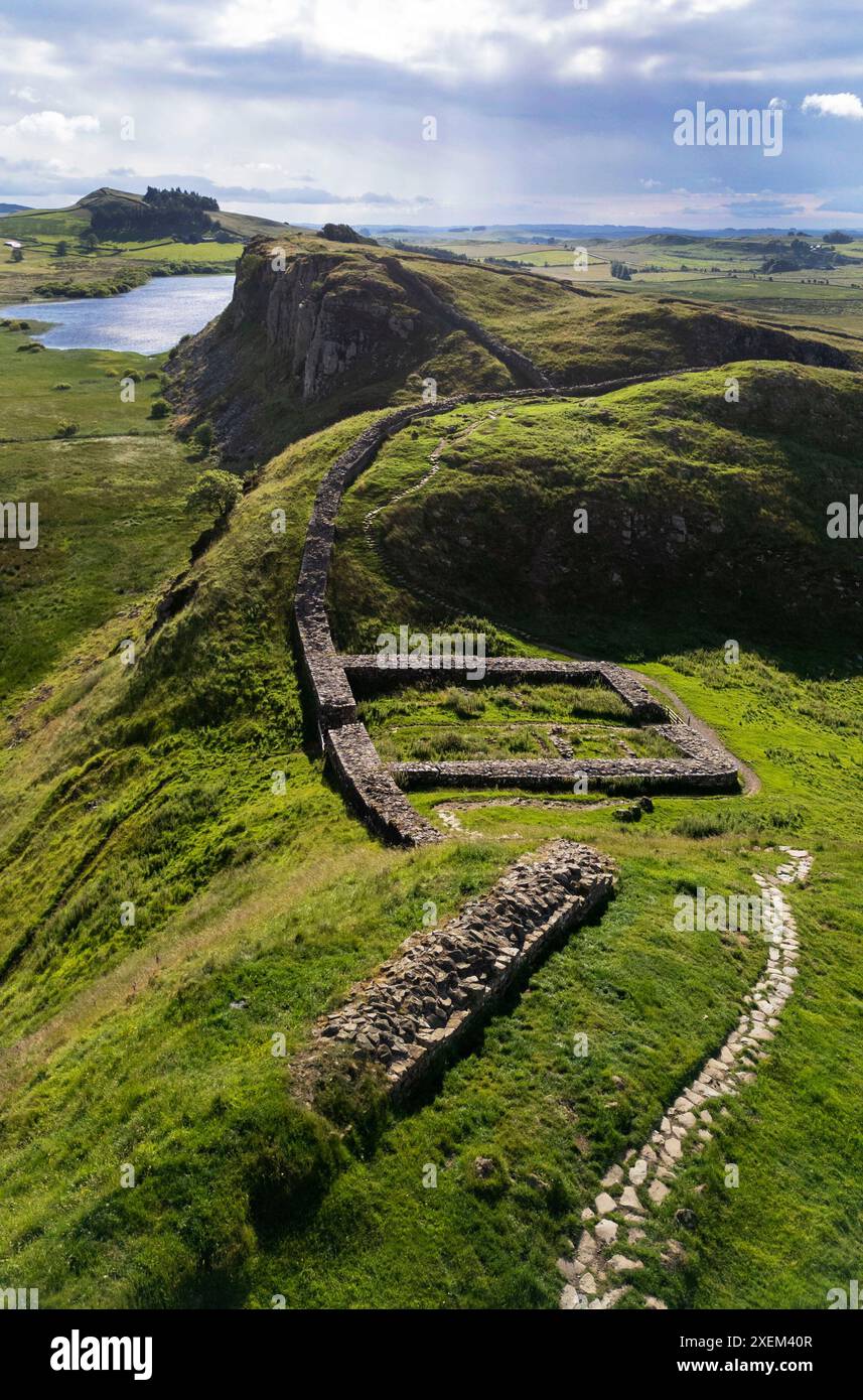 Aerial view of Milecastle 39 - Hadrian's Wall, Northumberland, England ...