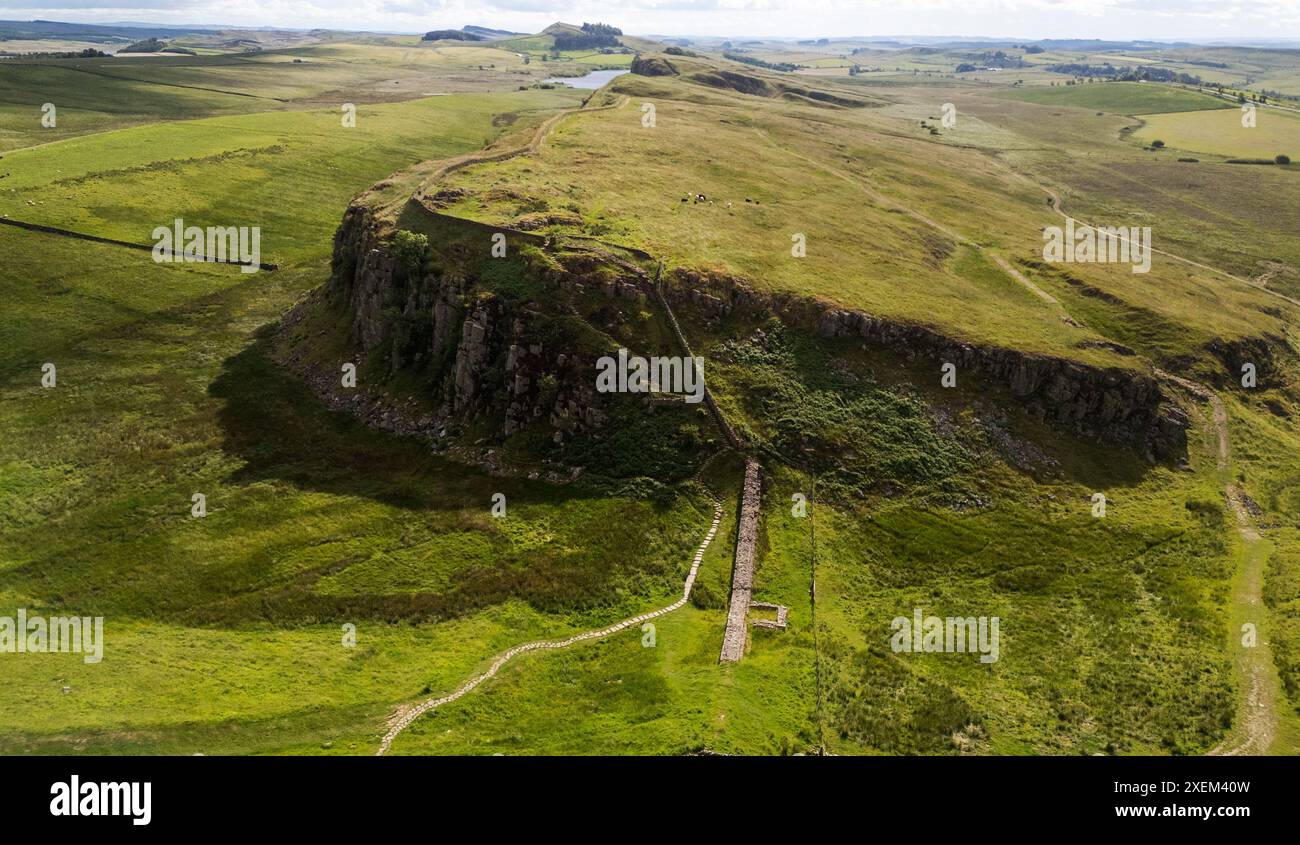 Aerial view of Hadrians Wall looking east from Steel Rigg ...