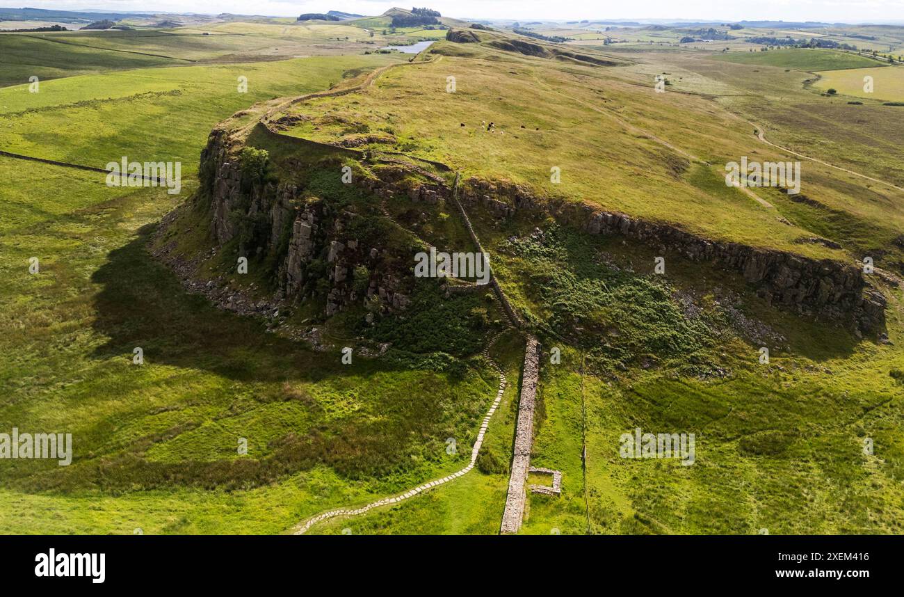 Aerial view of Hadrians Wall looking east from Steel Rigg ...