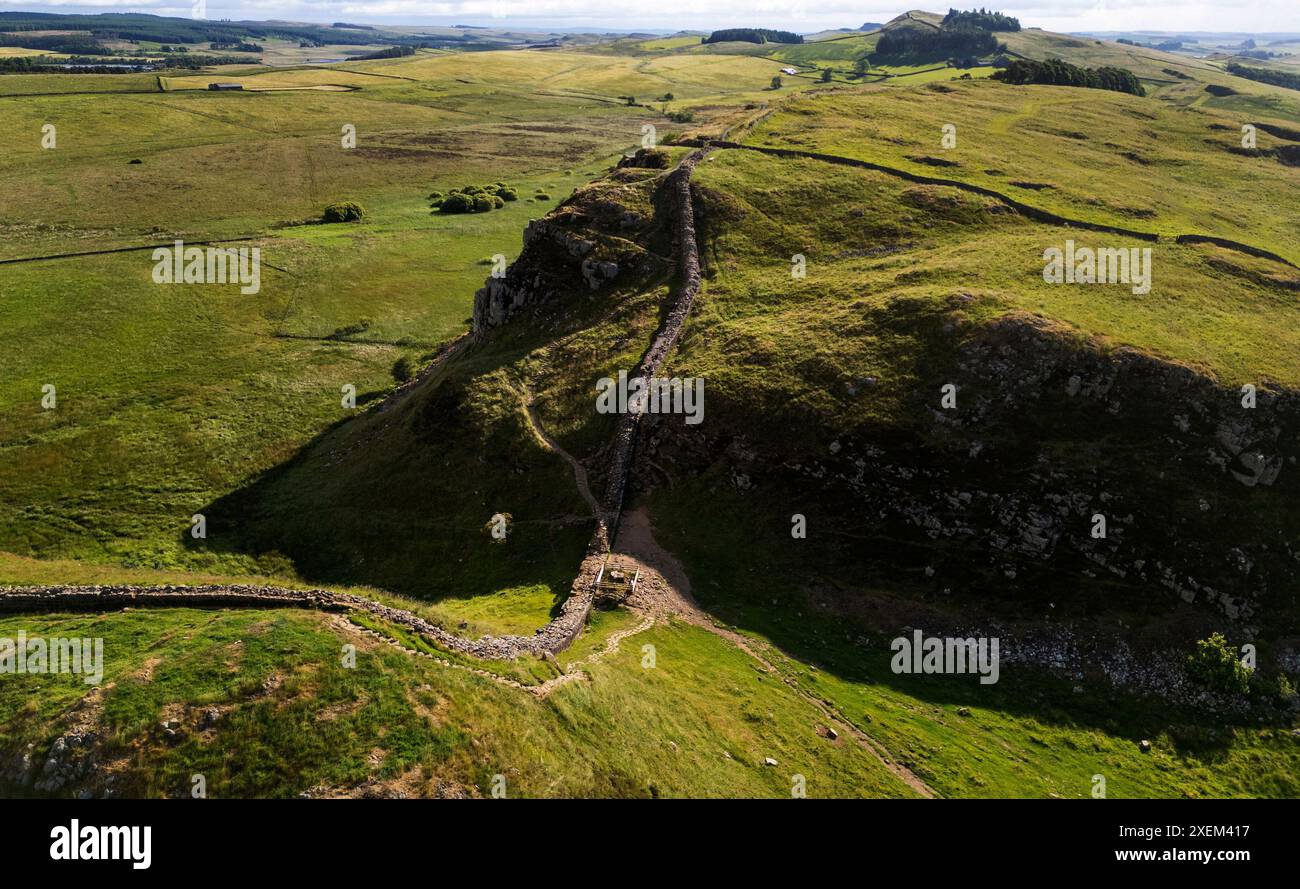 Aerial view of Sycamore gap taken after the tree was cut down in an act ...