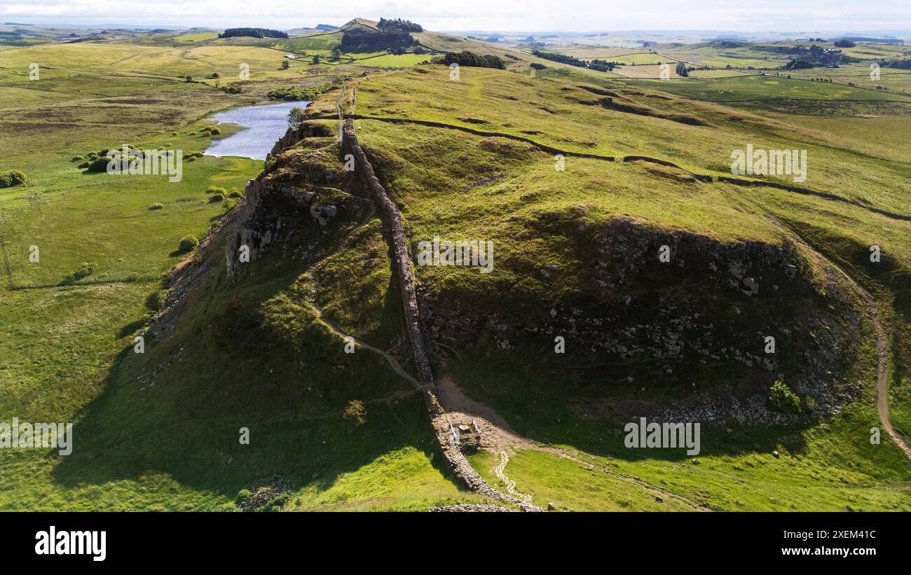 Aerial view of Sycamore gap taken after the tree was cut down in an act ...