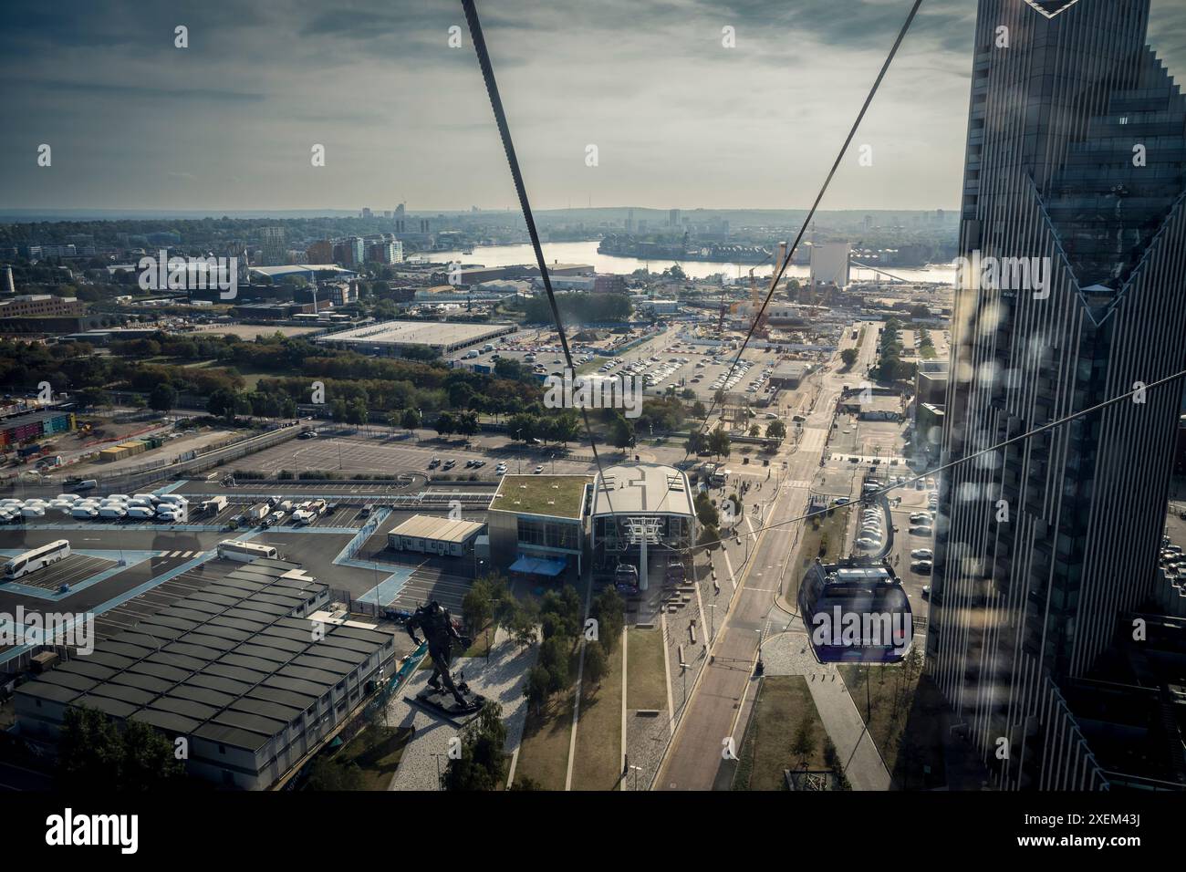 East London cityscape and River Thames viewed from cable car, Docklands ...
