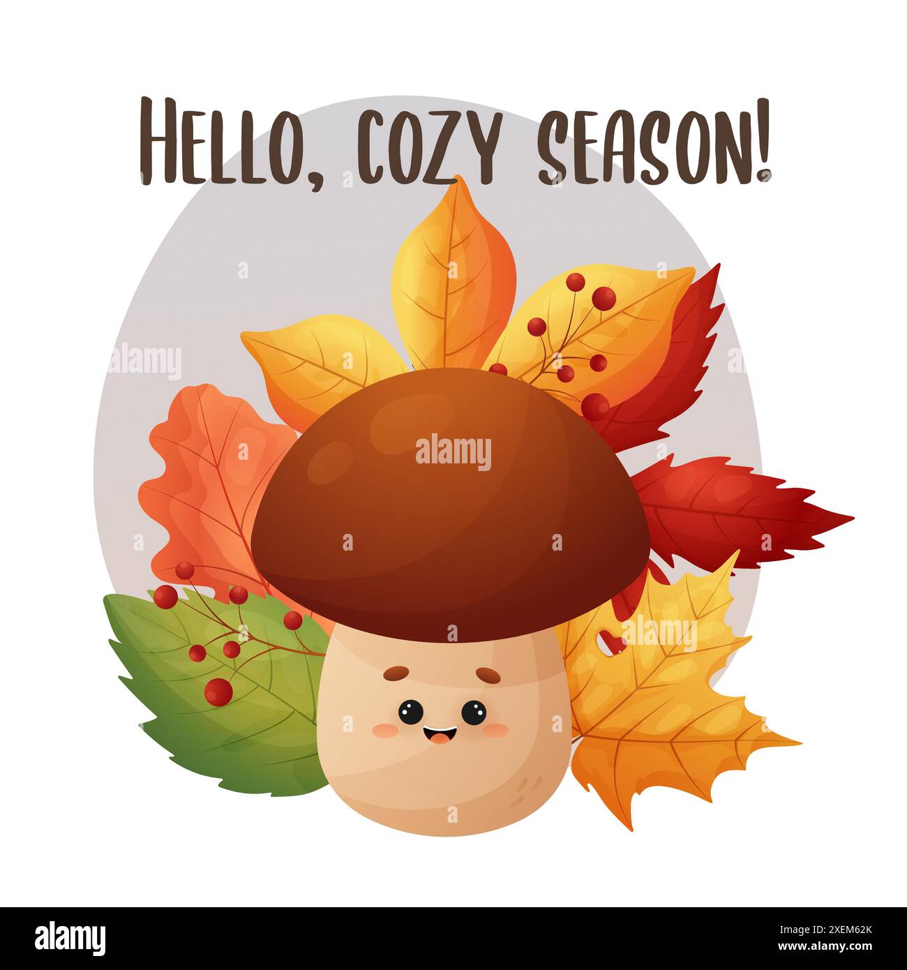 Hello, fall. Illustration of a cute mushroom and leaves. Character for ...