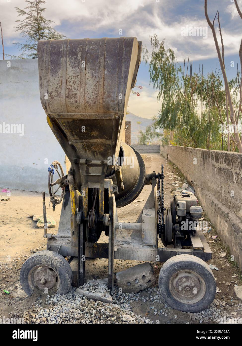 Back View of a Yellow Cement Mixer at a Construction Site Stock Photo ...