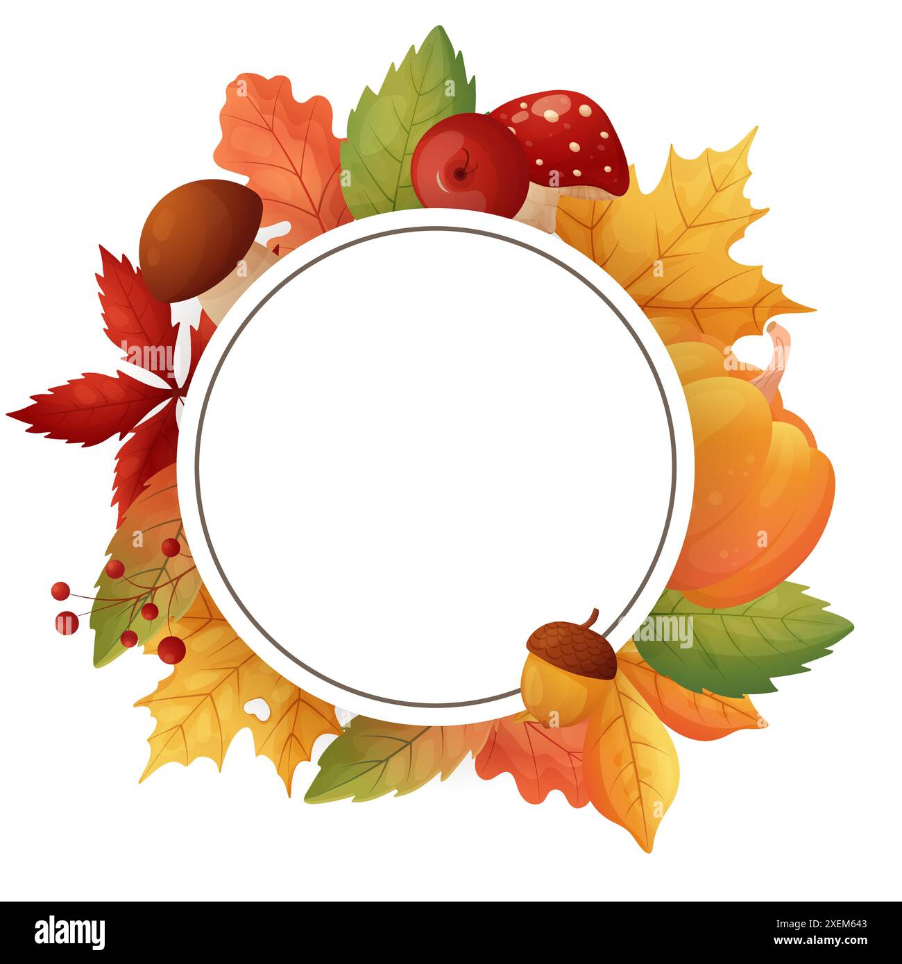 Template, empty fall frame. Leaves and mushrooms. On white background ...