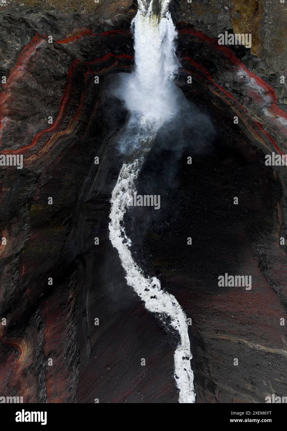 View from above, stunning aerial view of the Hengifoss Waterfall ...