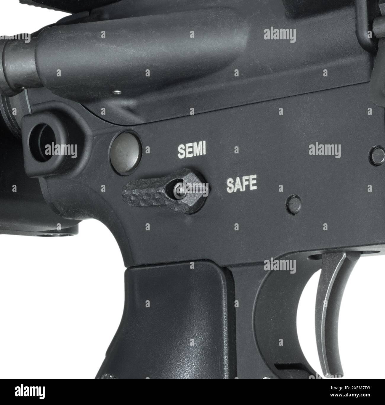 Assault rifle safety engaged, seen from slightly in front and isolated ...