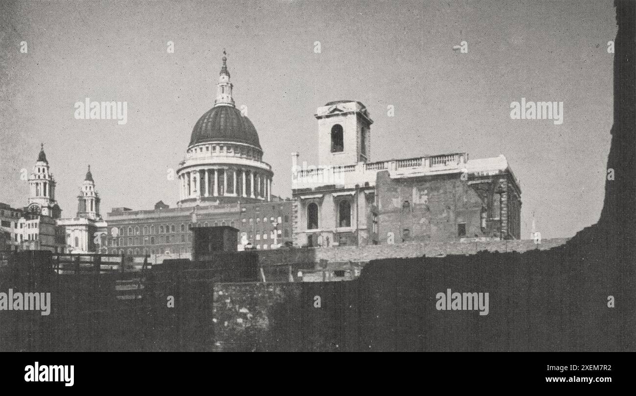 City of London Blitz bomb damage. The dome and the western towers of St ...