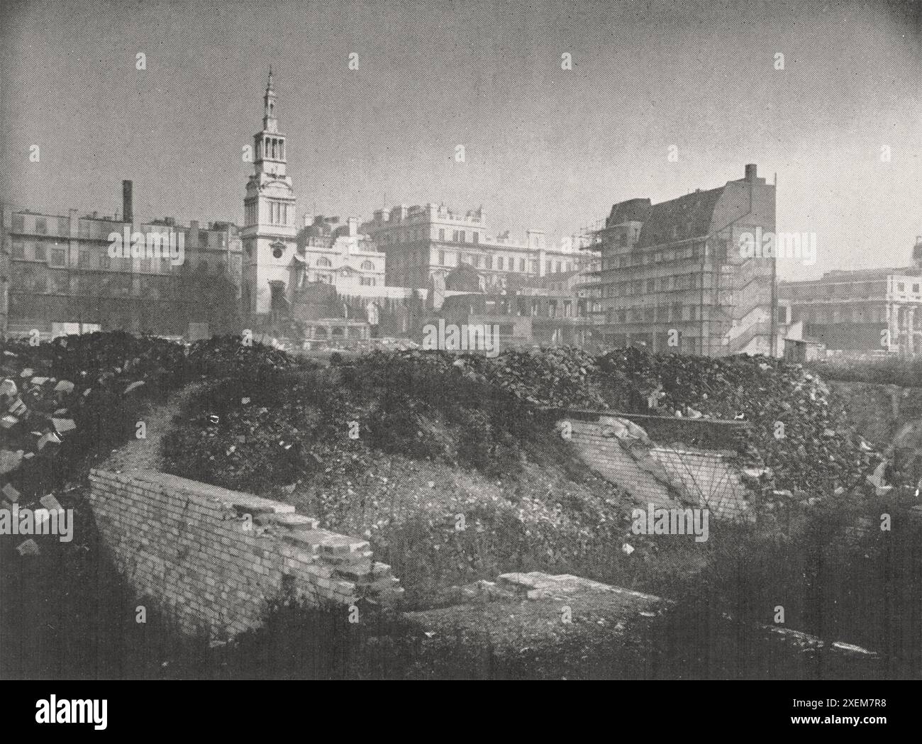 City of London Blitz bomb damage. The tower of Christ Church Newgate ...