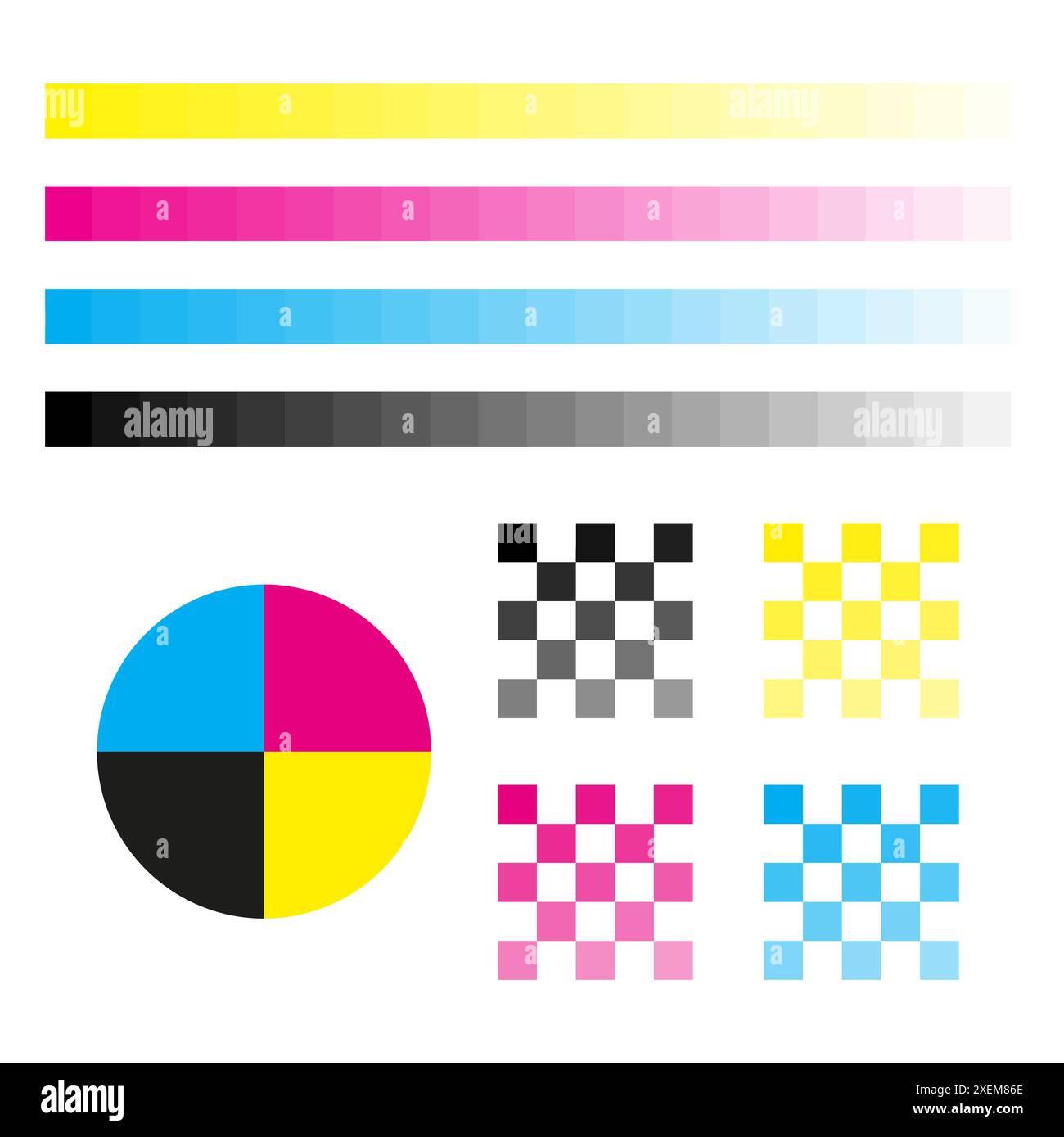 CMYK color chart. Gradient bars and checker patterns. Vector ...