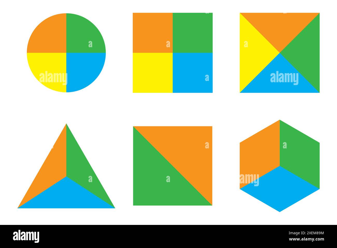 Geometric shape icons. Colorful divided forms. Circle, square, triangle ...