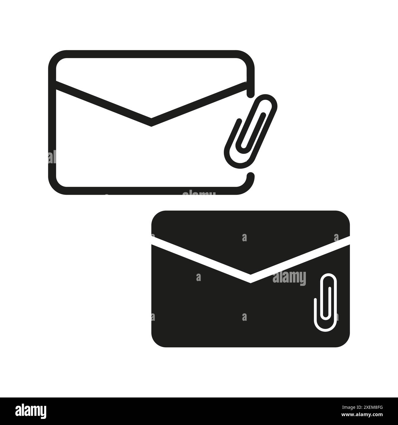 Envelope icon set. Paperclip attachment detail. Black and white design ...