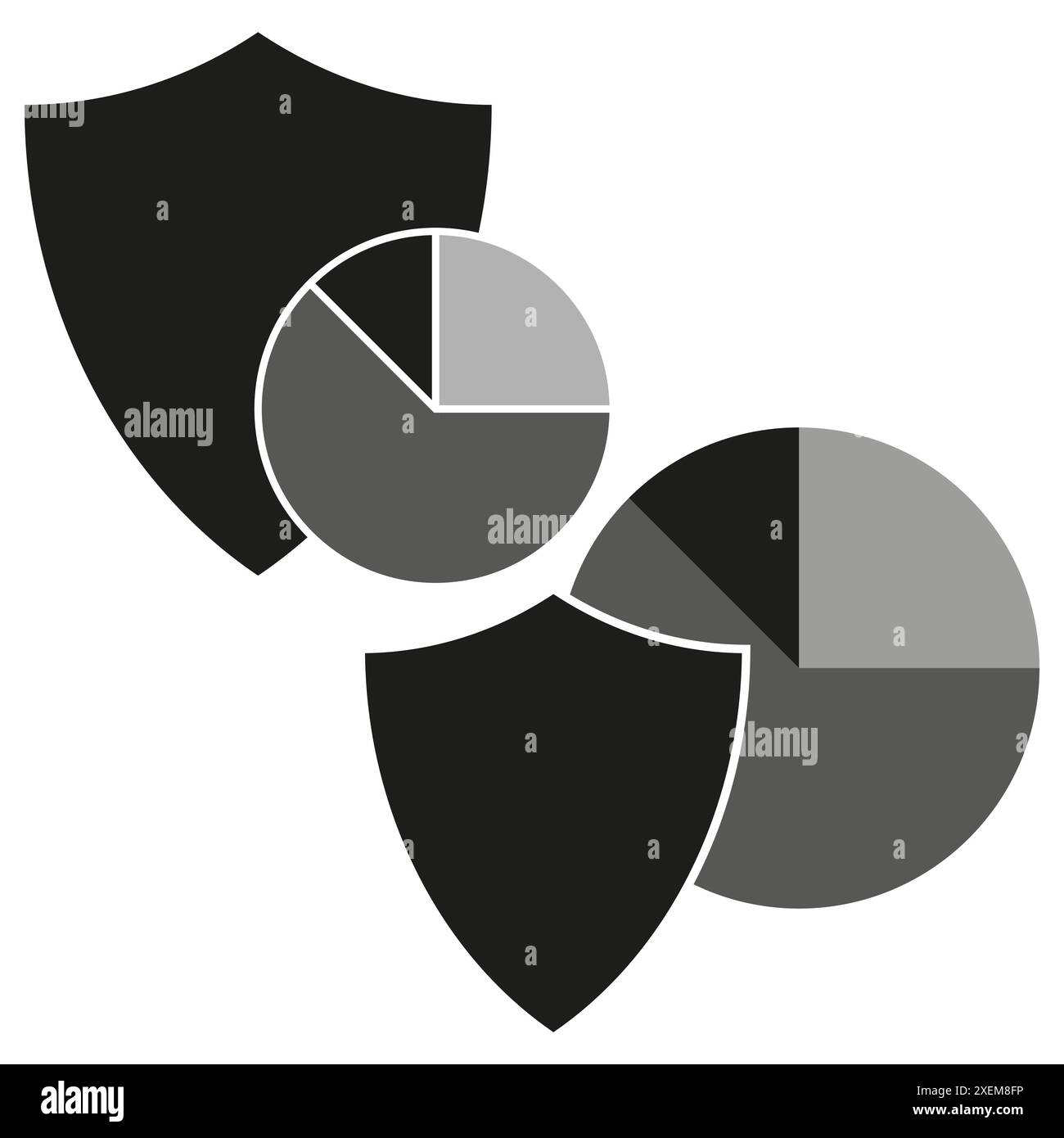 Shield and pie chart. Security and data icon. Black and white vector ...