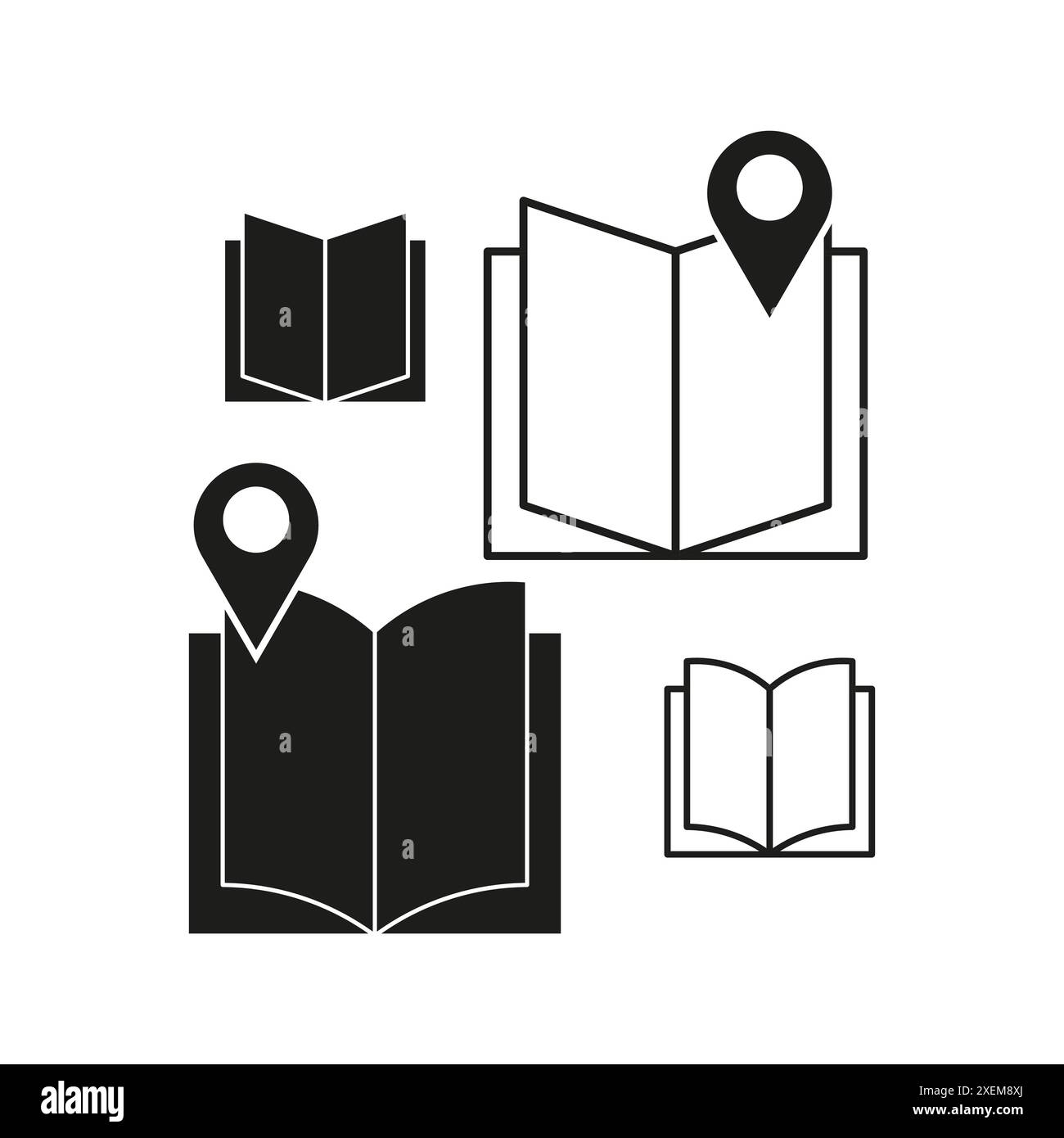 Book location icons. Black and white. Open book with map pin. Simple ...