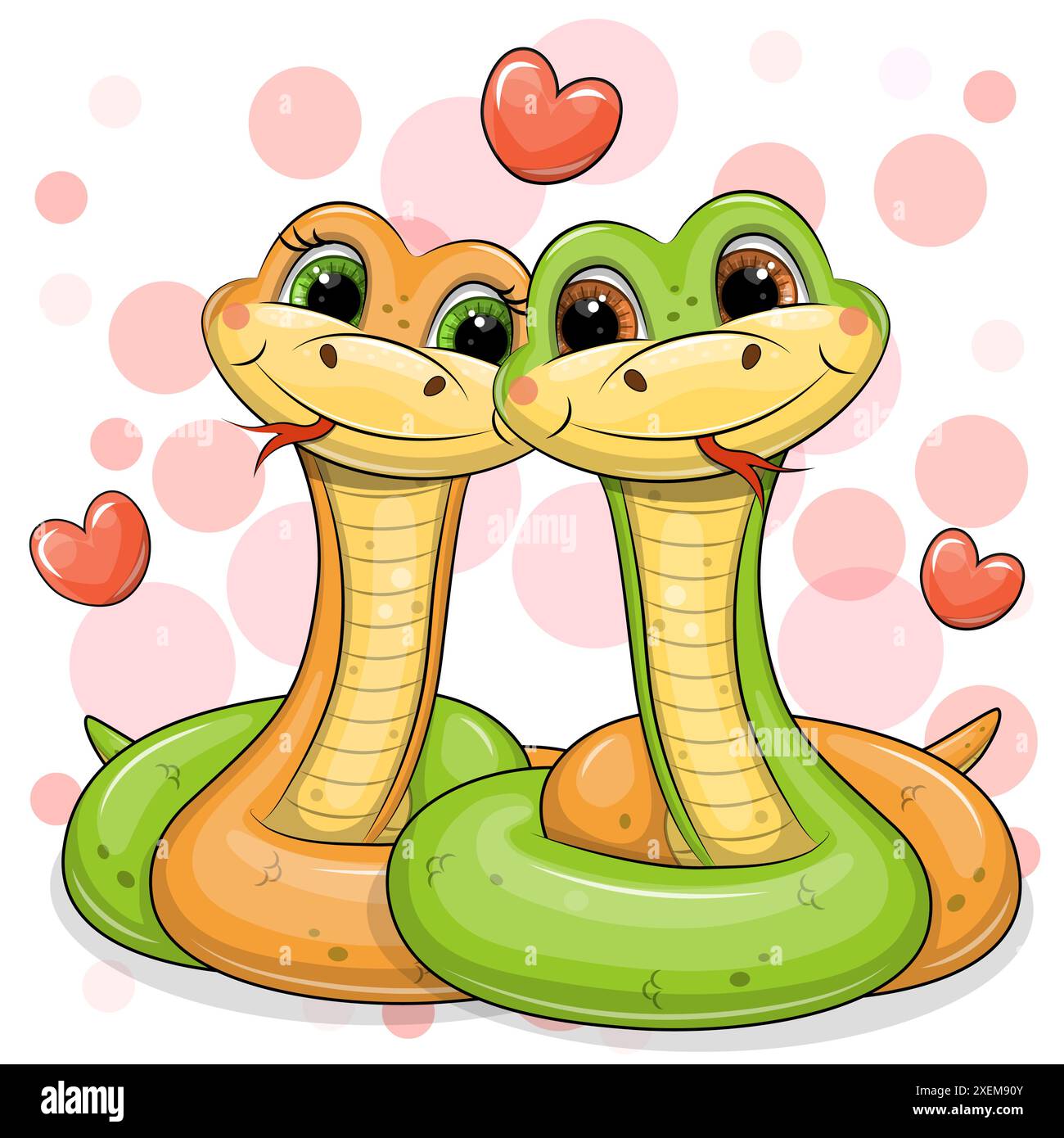Cute cartoon snake couple. Vector illustration of green and orange ...