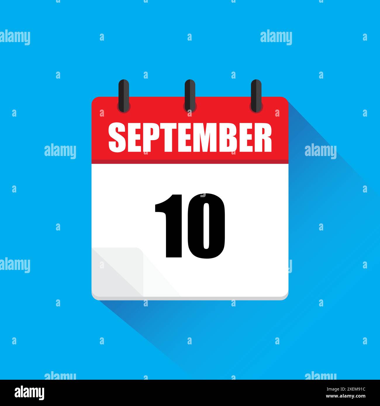 September calendar icon. Date number ten. Red and white design. Blue ...