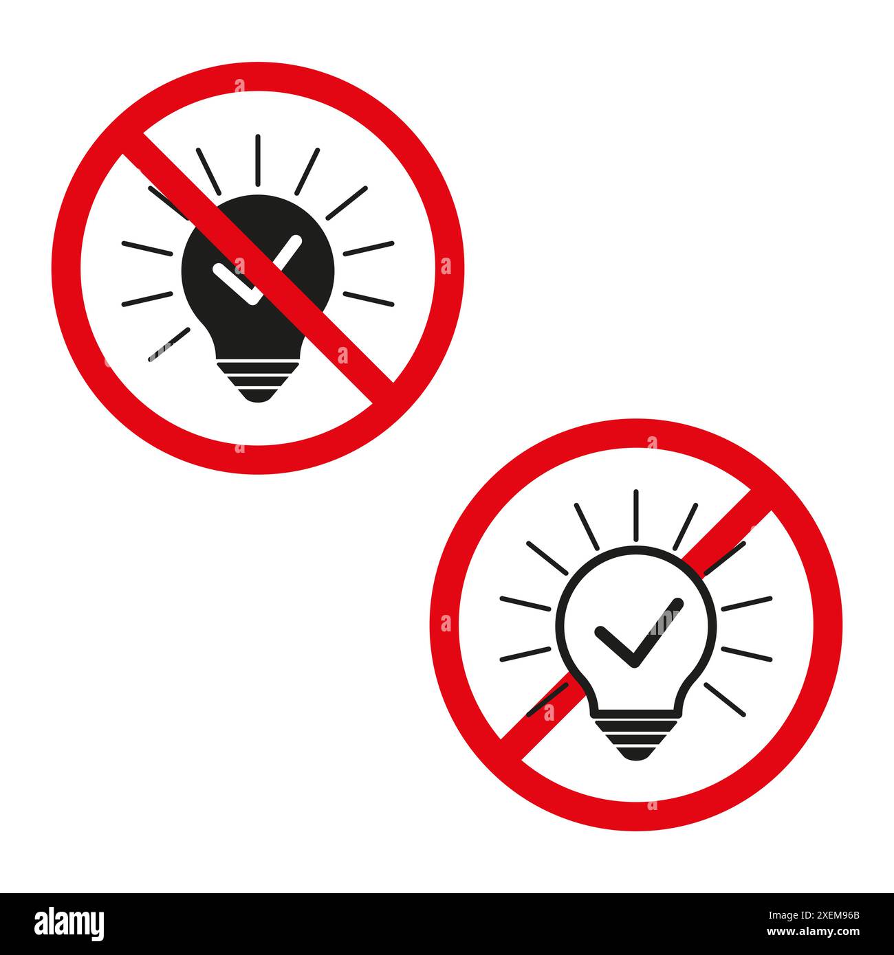 No ideas vector. Red prohibition sign. Light bulb with check mark ...