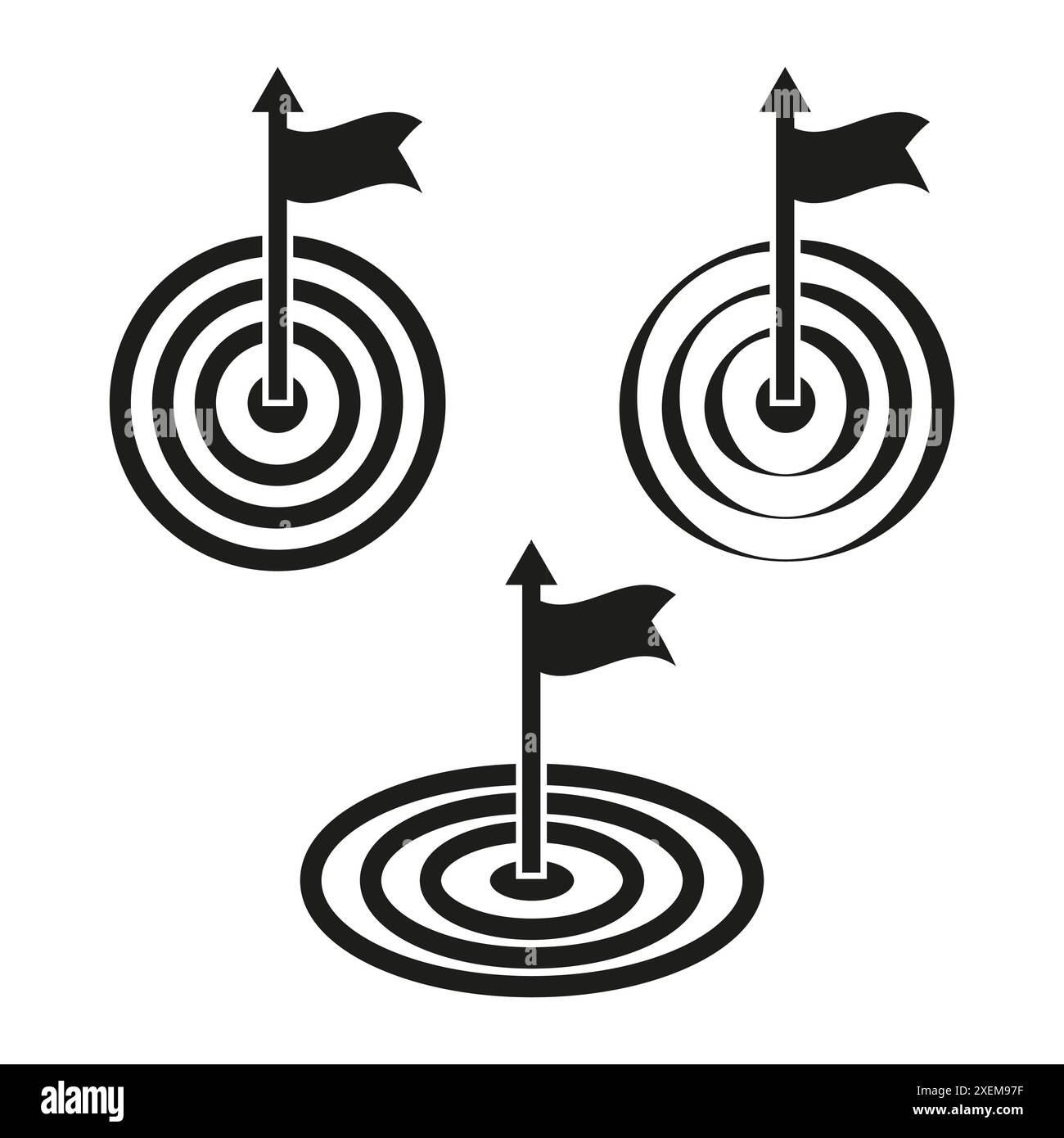 Target icons vector. Black bullseye circles. Arrow with flag. Simple ...