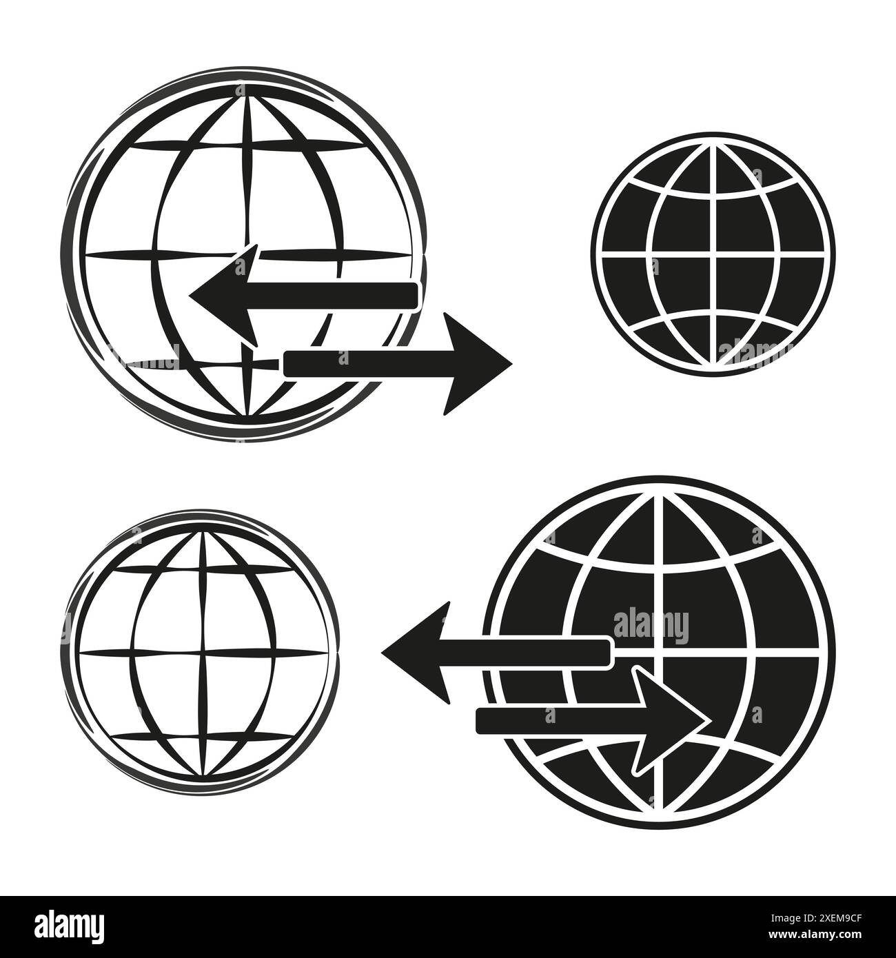 Global communication icons. Globe with arrows. Black and white design ...