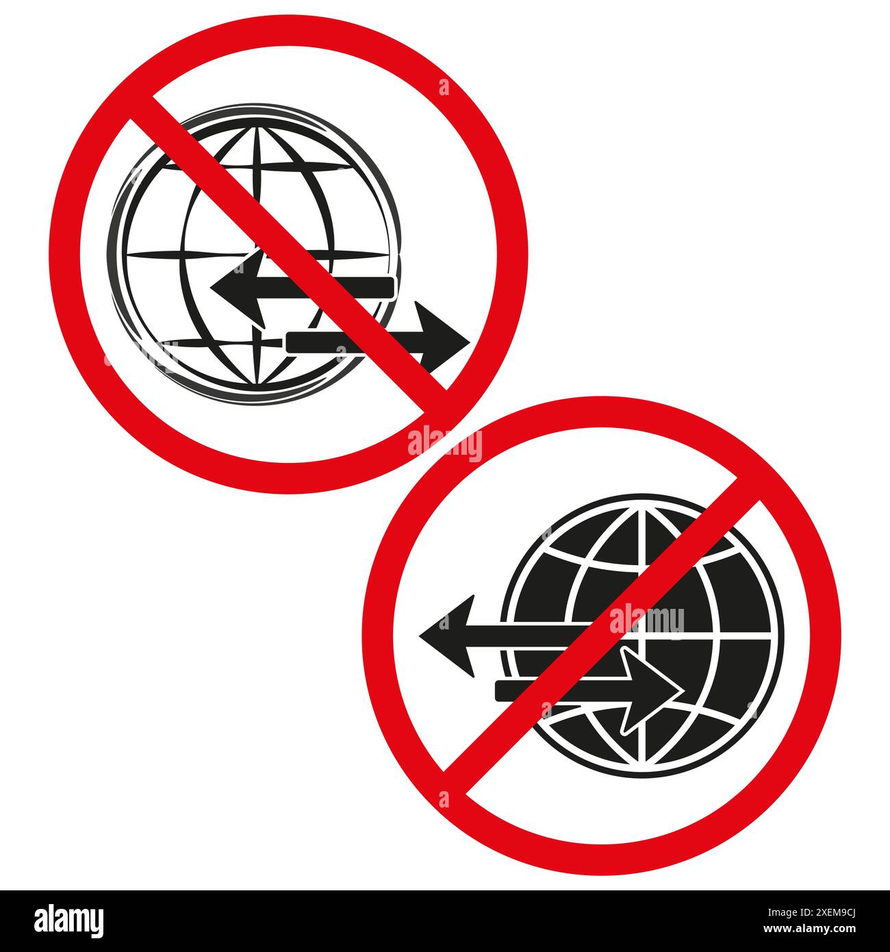 No internet icons. Red prohibition signs. Globe with arrows. Vector ...