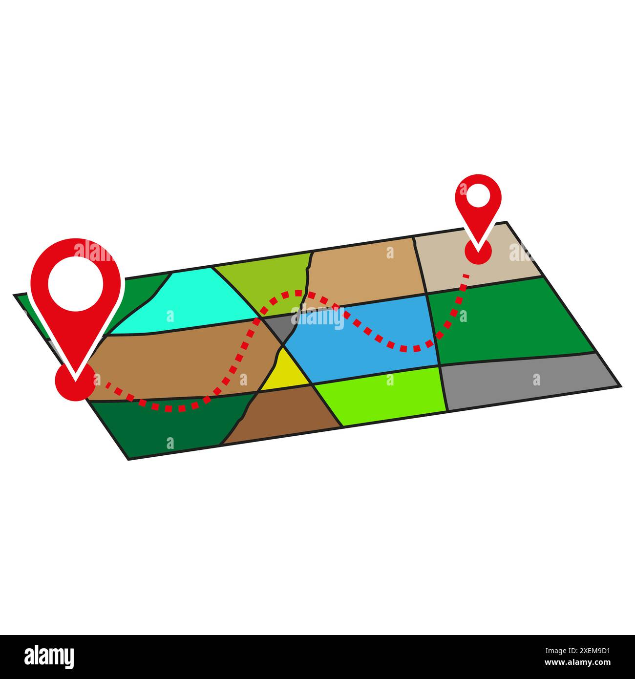 Map with pin icons. Route and location markers. Navigation vector illustration. Colorful travel ...