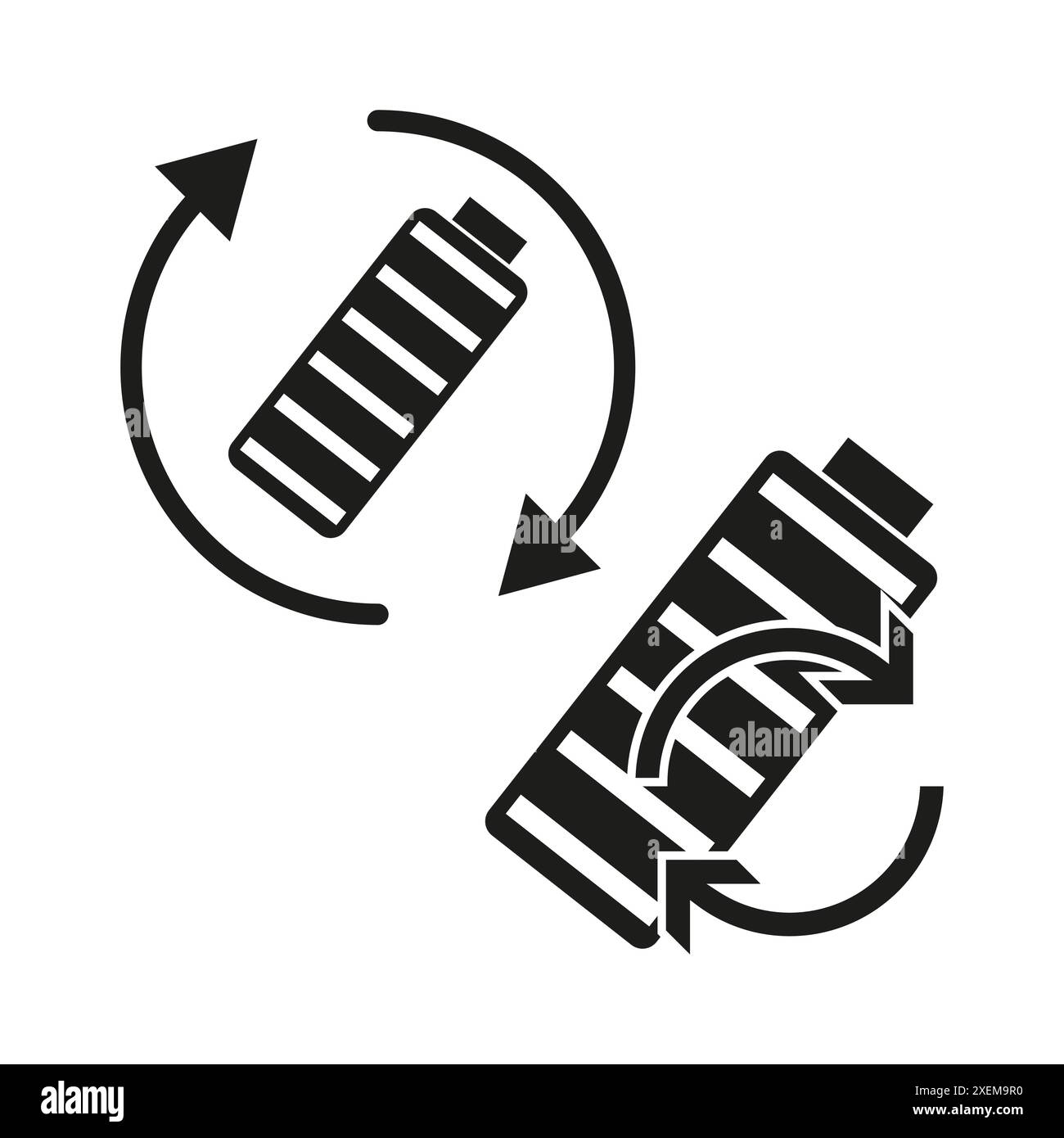 Battery recharge icon. Circular arrow symbol. Black and white design ...