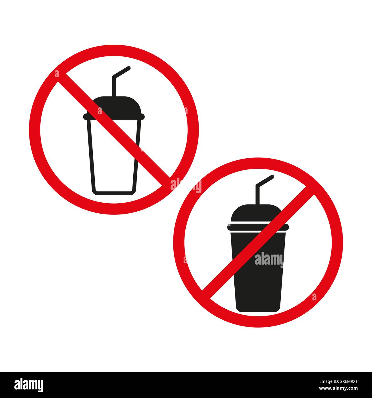 No drinks icon. Red prohibition circle. Beverage with straw banned ...