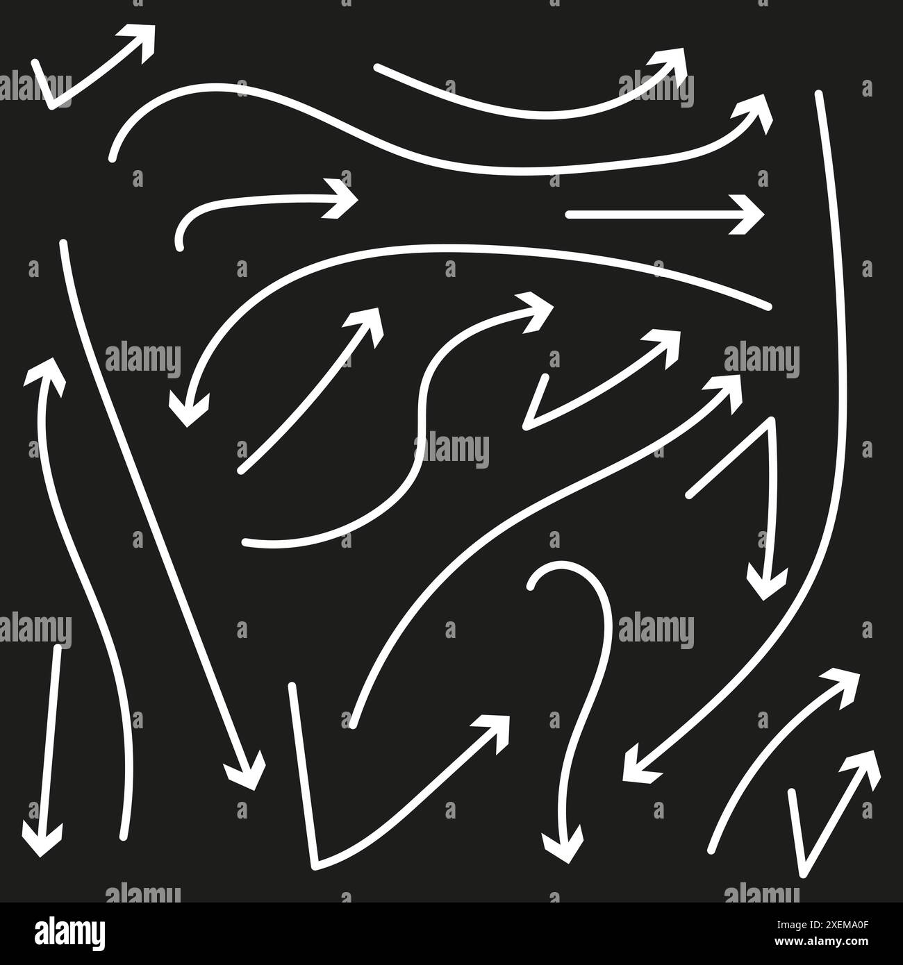 White arrow vector. Curved lines pattern. Black background contrast. Directional flow design ...