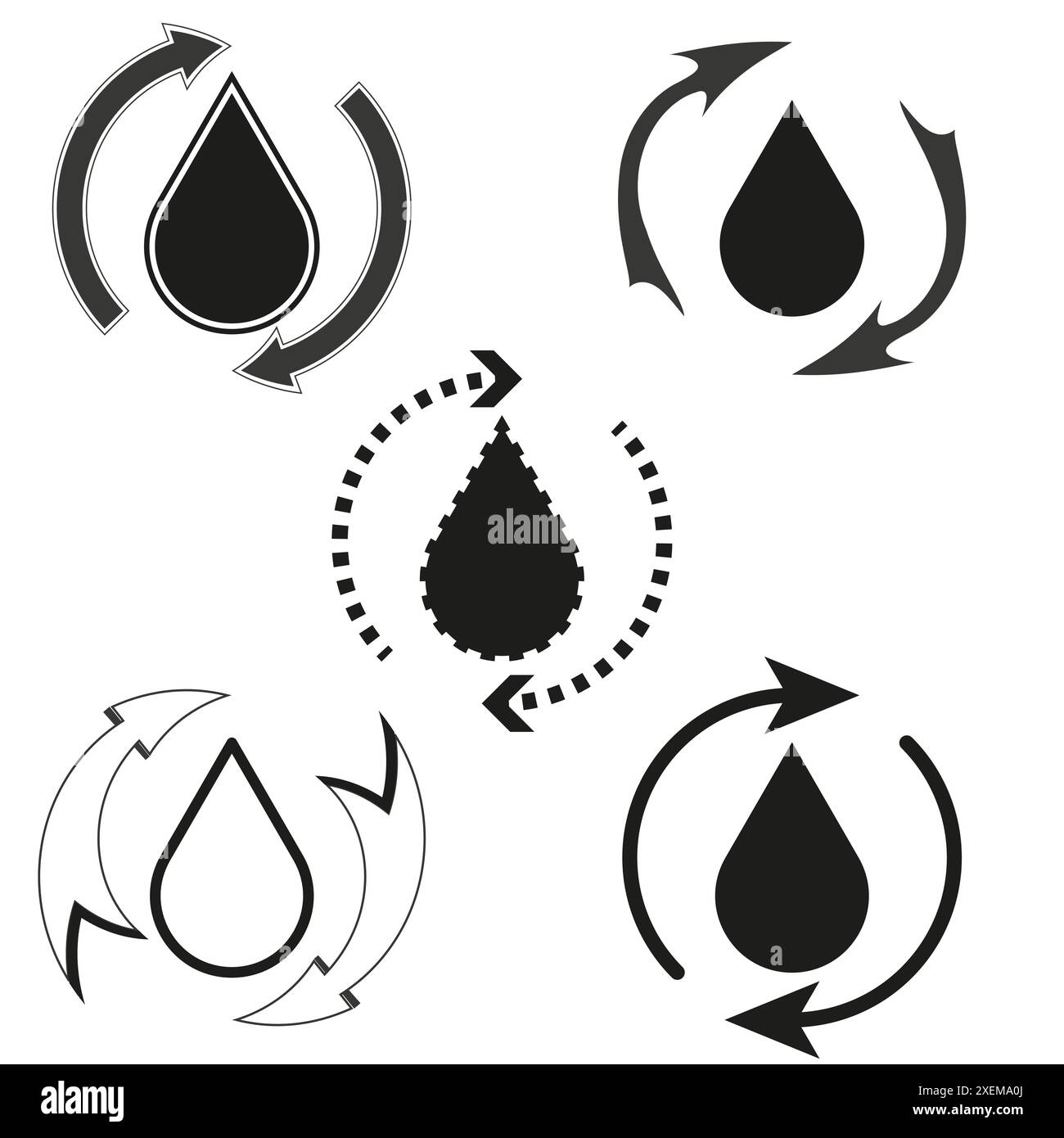Water drop symbols. Circular arrow icons. Monochrome design elements ...