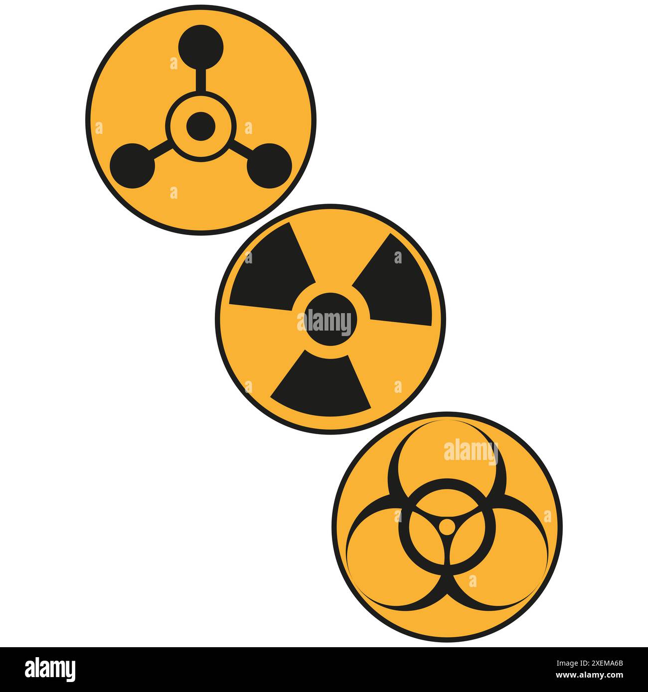 Hazard warning signs. Chemical, radioactive, biohazard. Yellow circle ...