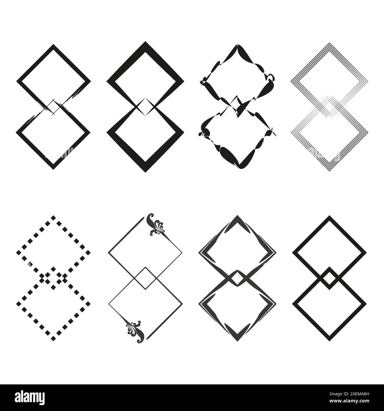 Interlinked diamond shapes. Decorative frame set. Black and white ...