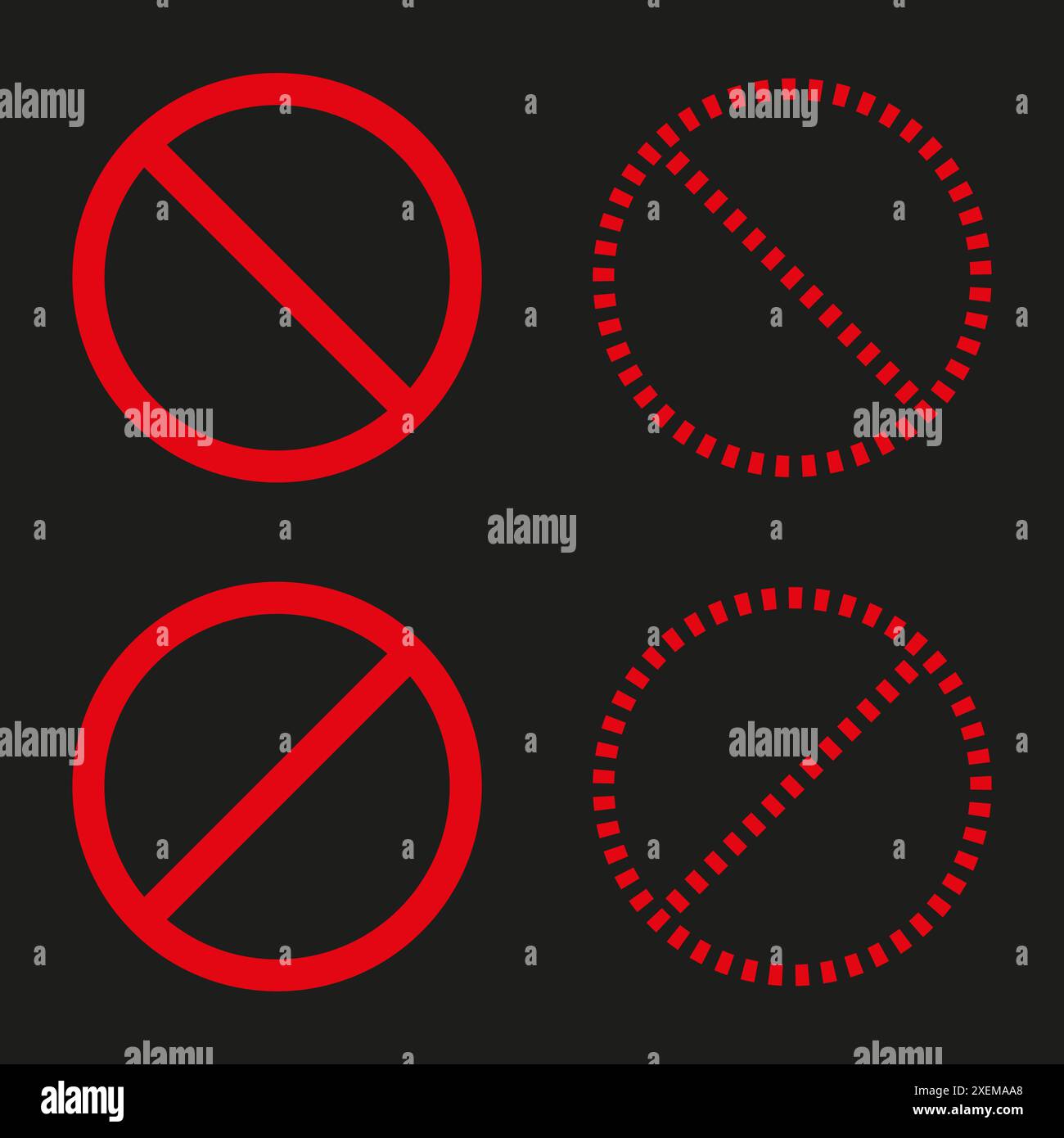 Prohibition signs. Red no entry icons. Dotted and solid circle designs ...