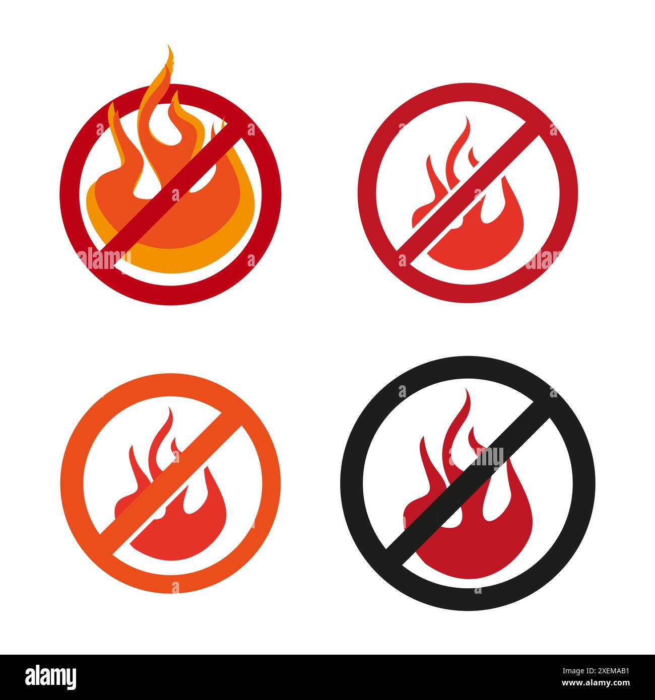No fire icons. Flame prohibition symbols. Red, orange, and black circles. Safety warning signs ...