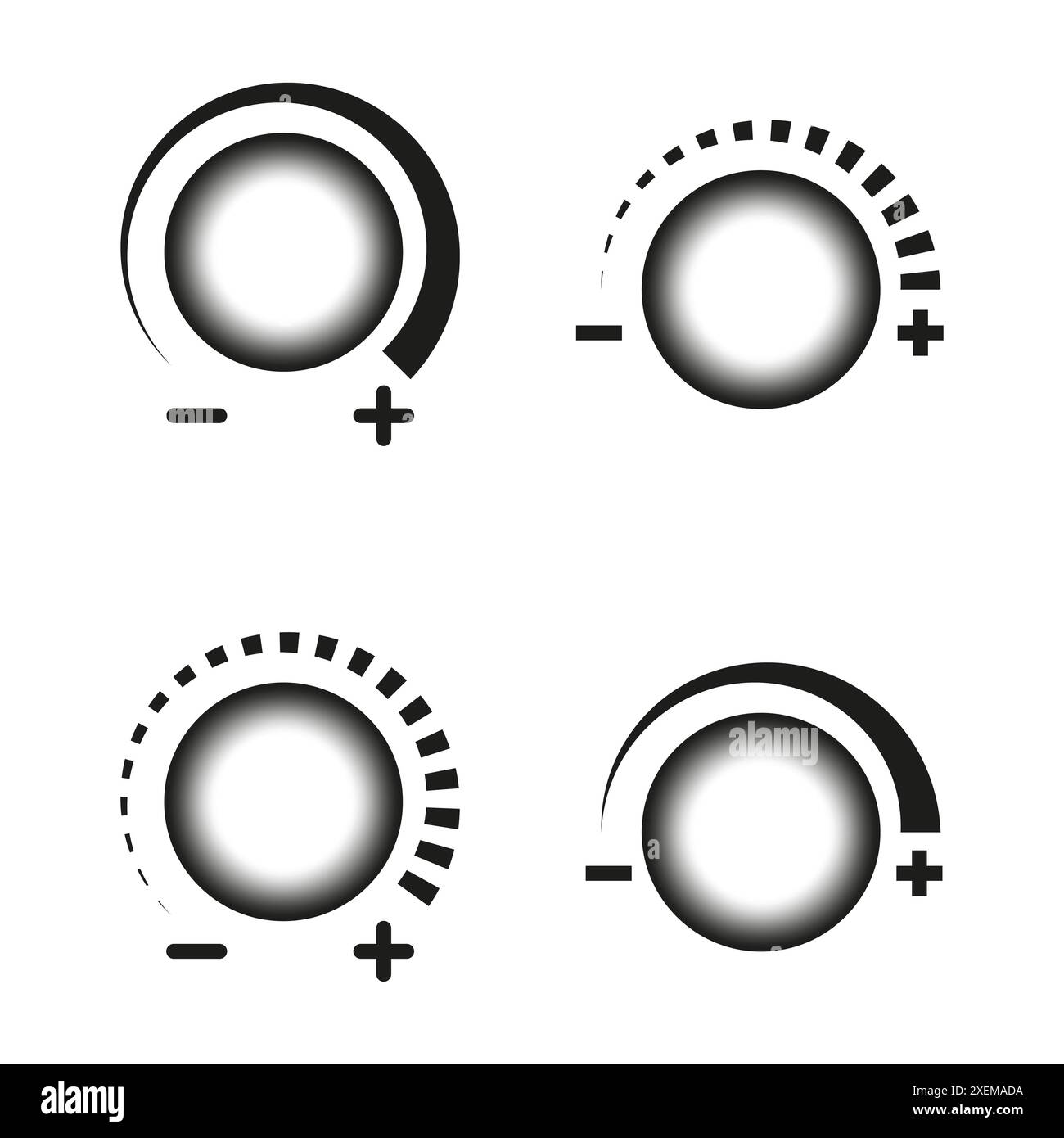 Volume control icons. Knob and scale. Adjustment vector. Black and ...