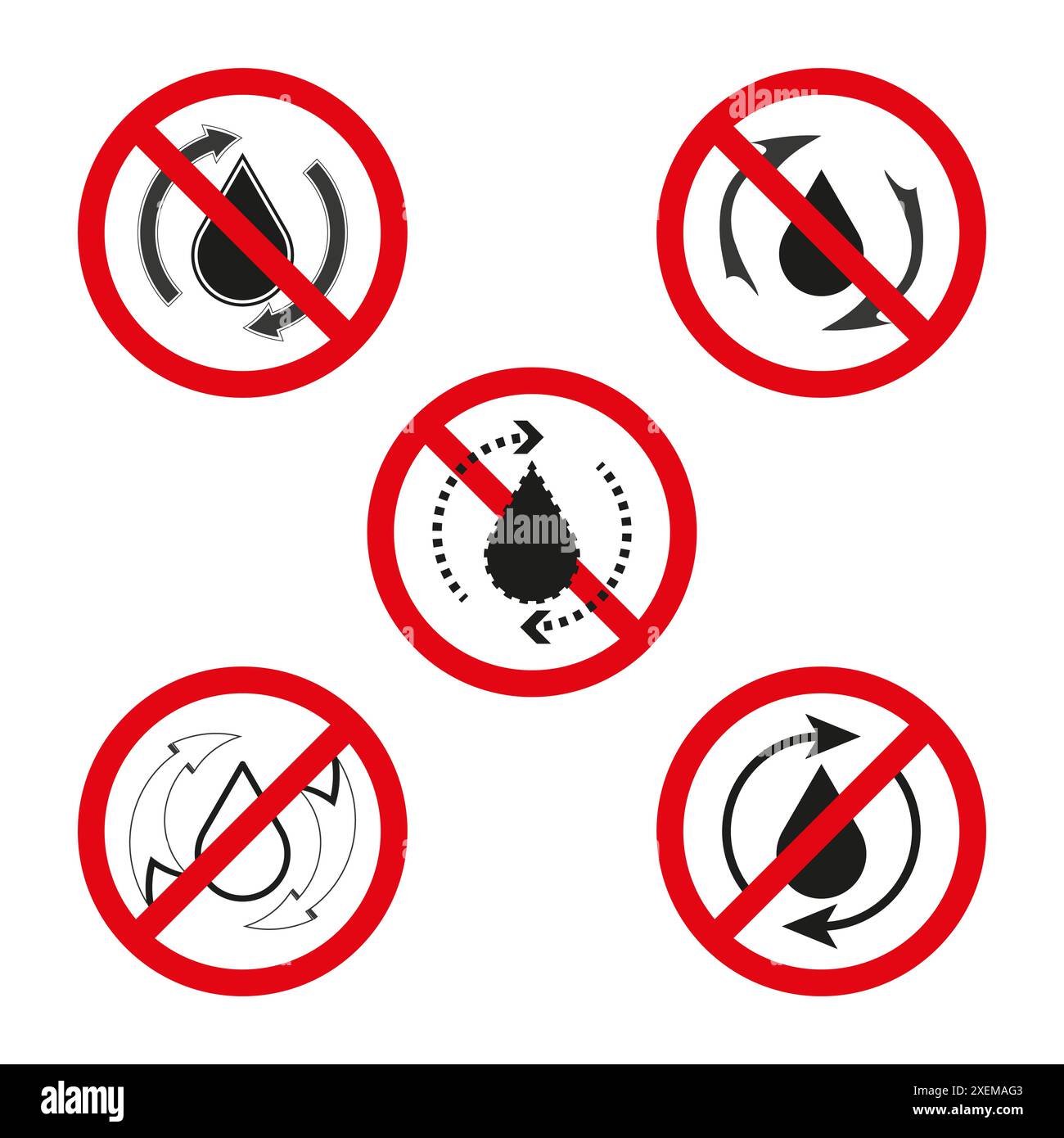 No recycling water icons. Prohibition symbols with drops. Red circles ...