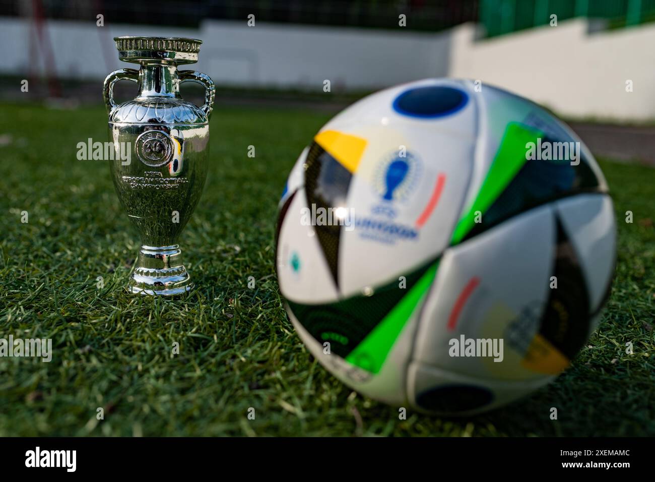 June 14, 2024, Berlin, Germany. The official ball and cup of the ...