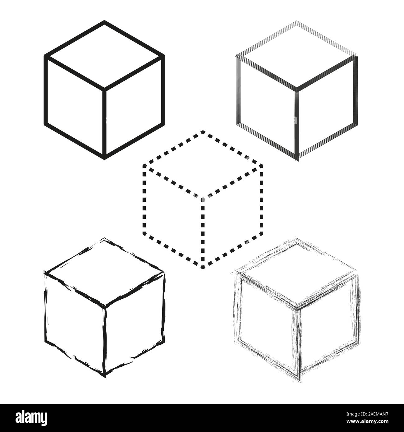 Cube outline icons. Geometric 3D shapes. Various line styles ...