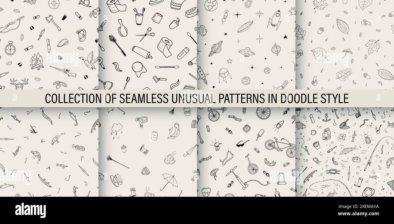Collection of seamless hand drawn patterns in doodle style. Vector ...