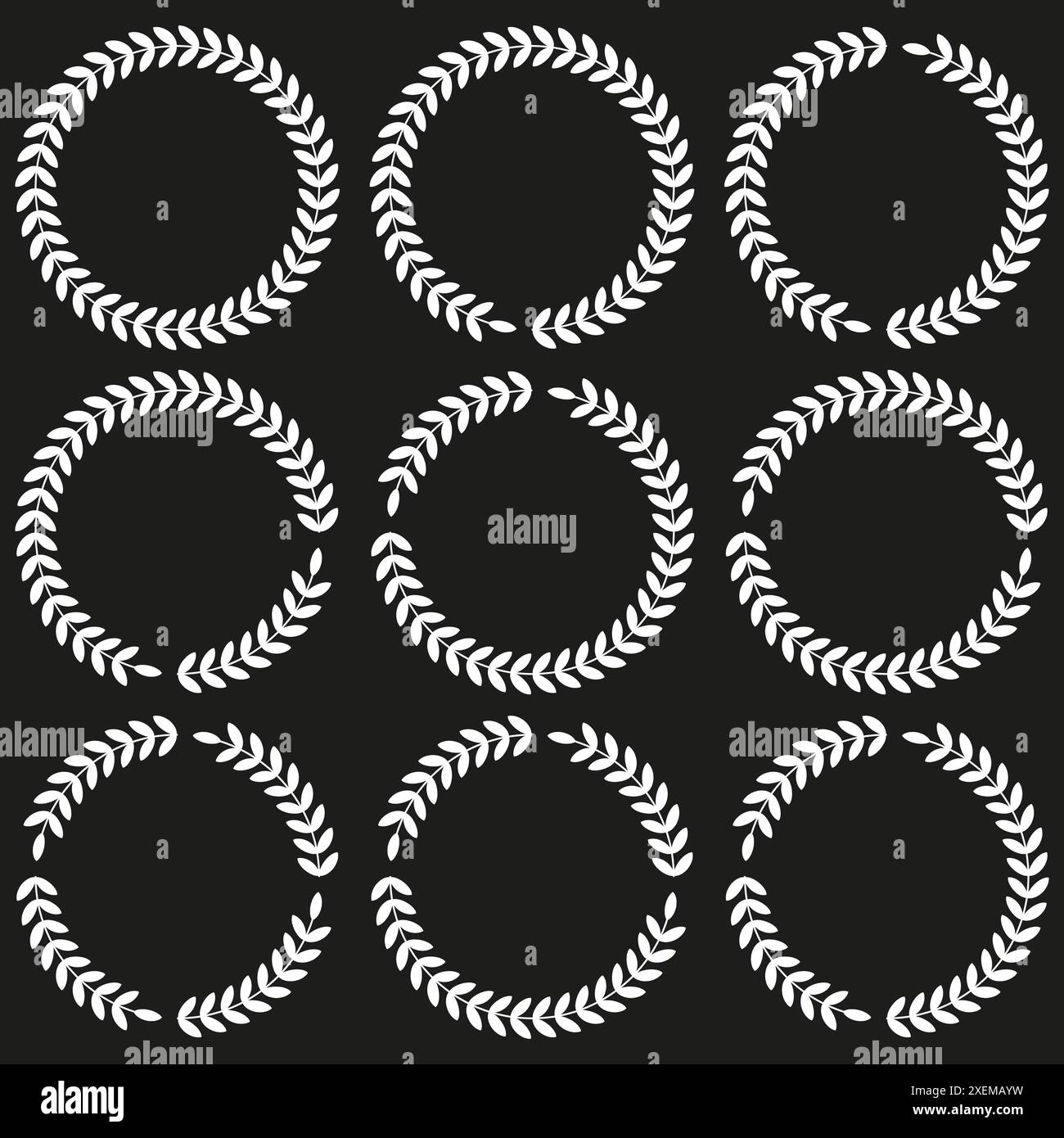 Laurel wreath icons. Circular leaf designs. White on black background ...