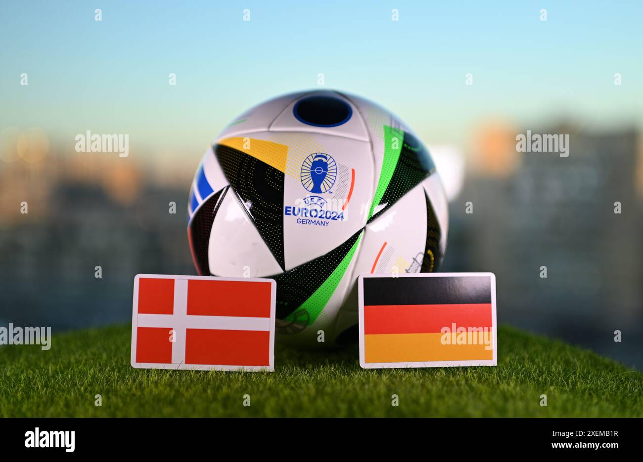 June 27, 2024, Berlin, Germany. Flags of Germany and Denmark ...