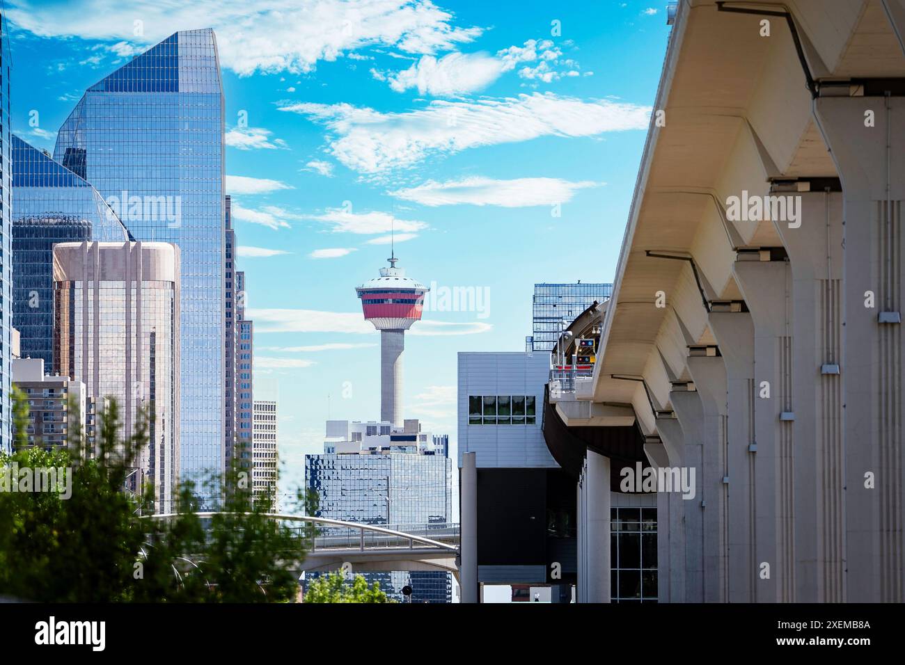 Elevated transit platform overlooking popular landmarks and travel destination in Calgary ...