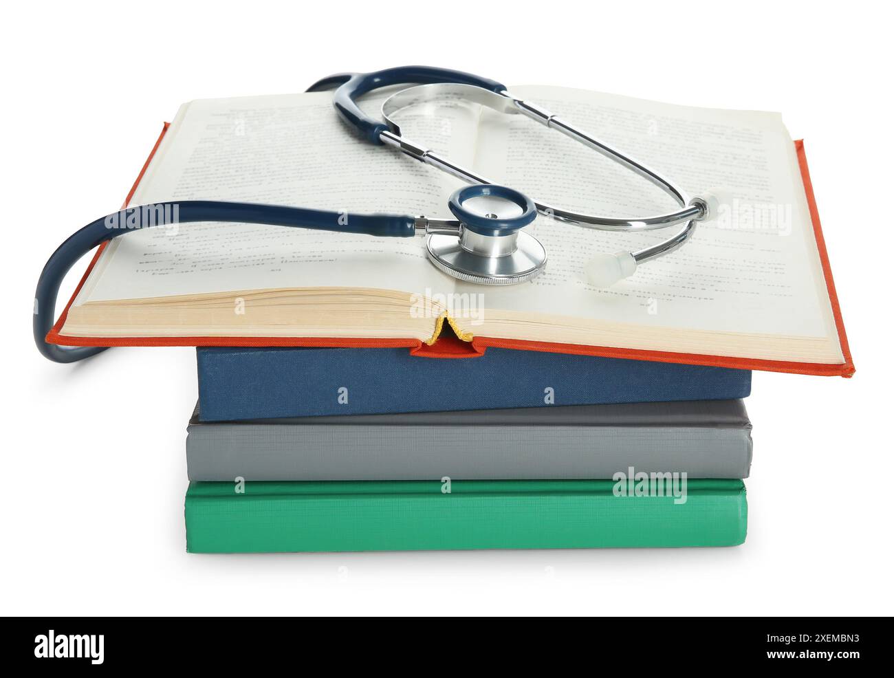 Stethoscope on stack of books against white background Stock Photo - Alamy